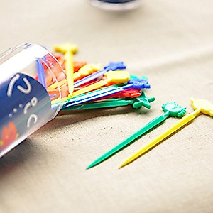 MXY Colorful Food Fruit Picks for Bento Box Cake Snack Forks Resuable Cute Design Hippo Fish Crab Turtle Starfish Set of 20 Pieces Pack of 2 Round Boxes