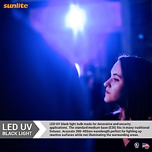 Sunlite LED A19 Black Light UV Bulb, 7W (60W Equiv.), Medium E26 Base, Non-Dimmable, 390-405nm Wavelength, Ideal for Black Light Room Decor, Halloween Decorations, Indoor UV Decor, UL Listed, 3 Pack