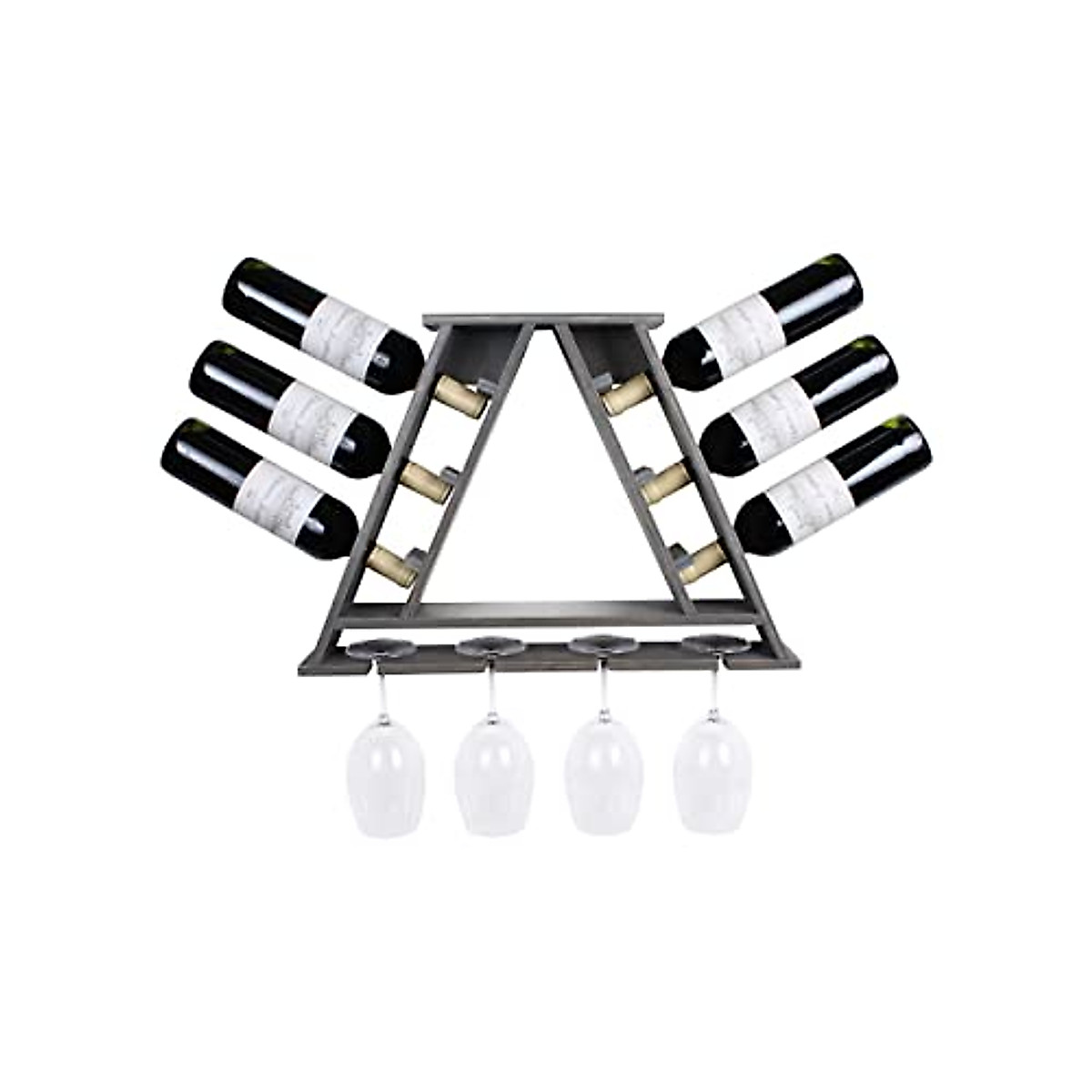 Charmont Wooden Rustic Wine Rack - Floating Triangle Wall Mounted Wine & Glass Holder - Perfect Wall Home Decor Bar, Kitchen Storage, Dining Room, Wedding Gift (Grey Holds 6 Bottles & 4 Stemware Cups)