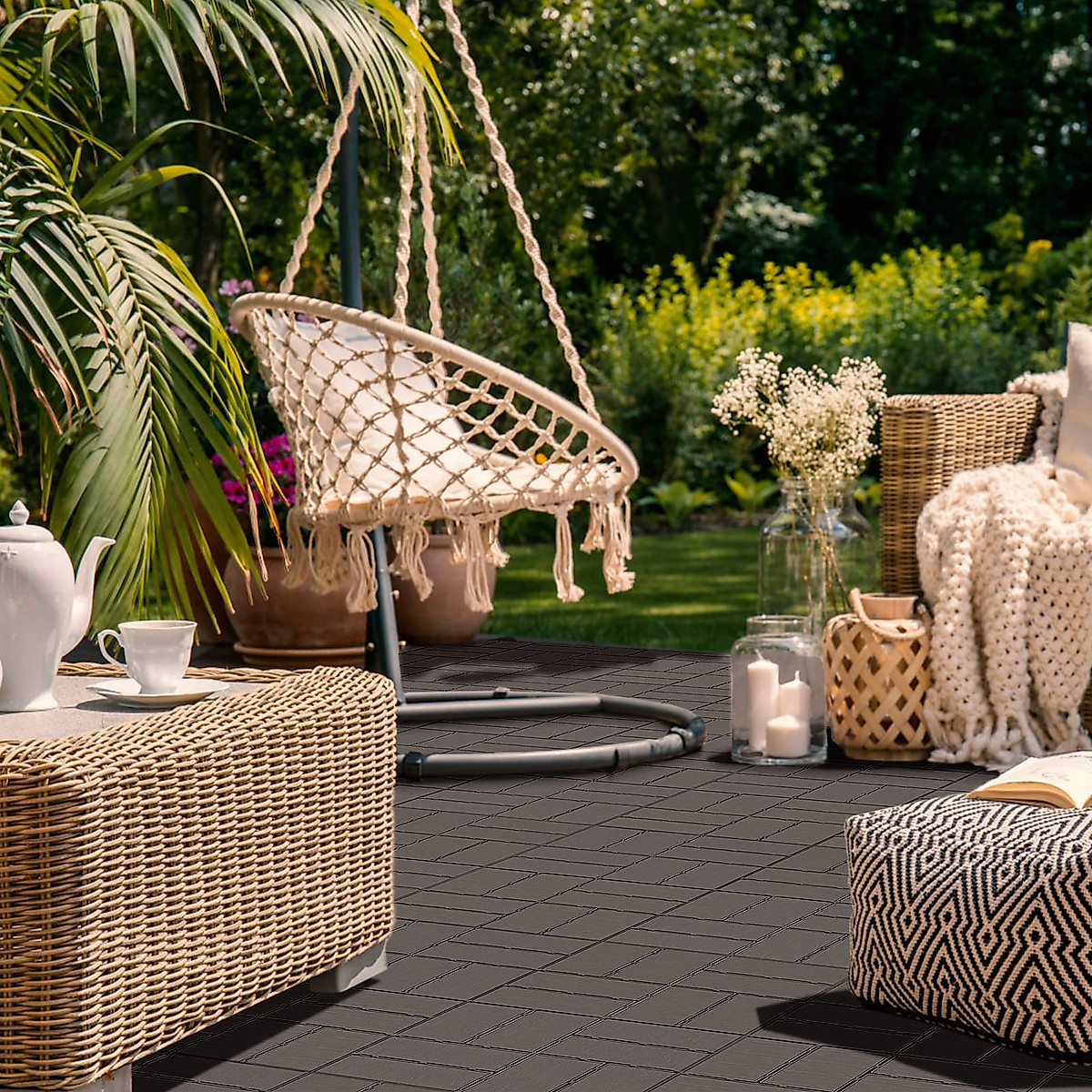 Goovilla Plastic Interlocking Deck Tiles, 9 Pack Outdoor Patio Flooring, 12"x12" Interlocking Decking Tile Outdoor All Weather Use, Waterproof Patio Pavers for Pool Balcony Backyard Porch, Dark Coffee