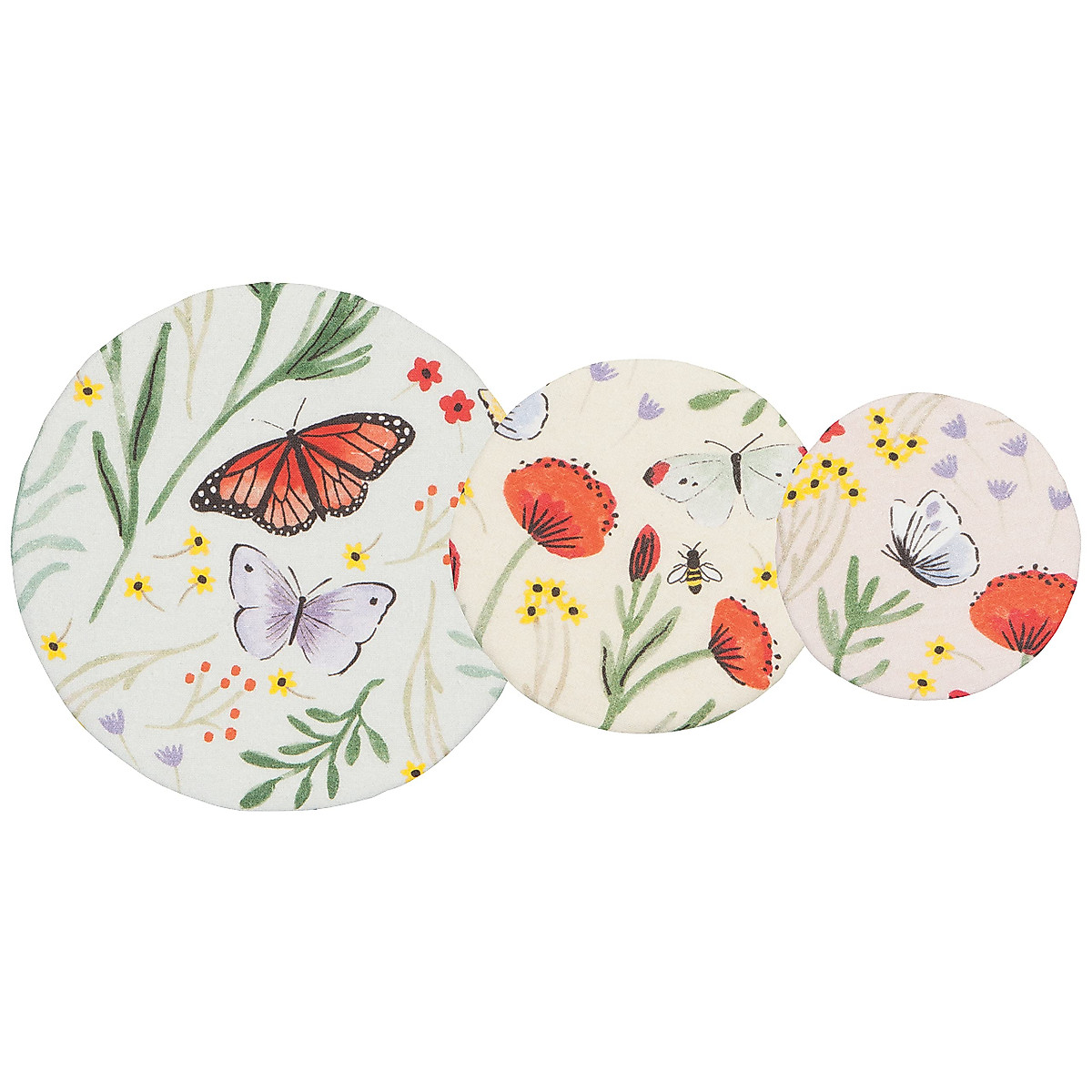 Now Designs Morning Meadow Save It Reusable Cotton Mini Bowl and Jar Covers 3.5 inches, 4.5 inches and 6.5 inches, Set of 3