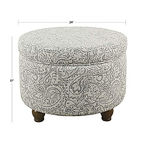 Homepop Home Decor | Upholstered Round Storage Ottoman | Ottoman with Storage for Living Room & Bedroom, Gray Floral