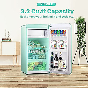Kismile Retro Mini Fridge with Freezer, 3.2 cu. ft Small fridge with Adjustable Removable Glass Shelves, Mechanical Control, Compact Refrigerator for Office, Dorm, Bedroom (Green)