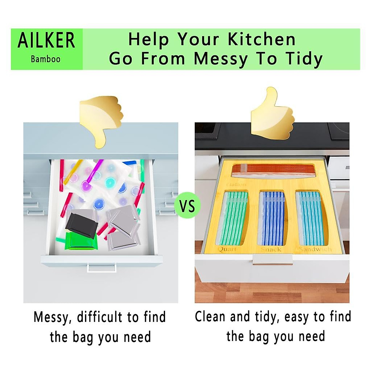 Ziplock Bag Storage Organizer for Kitchen Drawer, Food Storage Bags Organizer Baggie Organizer Holders Dispenser for Kitchen Drawer, Suitable for Gallon, Quart, Sandwich & Snack Bags