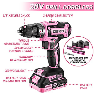 Pink Drill Tool Kit Set: 20V Cordless Power Drill Tool Box with Battery Electric Drill Driver for Men Home Hand Repair Basic Toolbox Tools Sets Drills Case