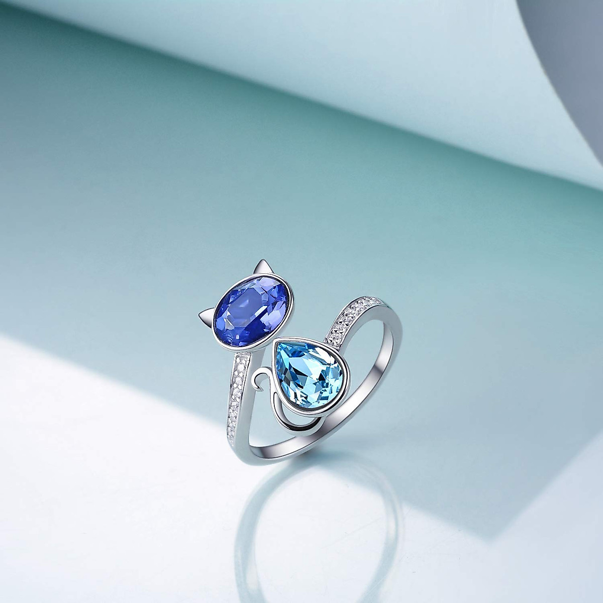 AOBOCO Sterling Silver Cat Ring, Blue Purple Crystals from Austria, Cute Pet Kitten Kitty Adjustable Open Ring, Cat Gifts for Cat Lovers, Anniversary Birthday Cat Jewelry Gifts for Women