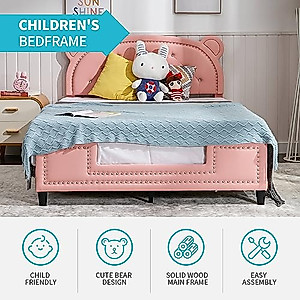 CECER Twin Bed Frames for Kids, Pink Children Platform Bed, Kid Bed Frame with Bear Shaped Headboard, Faux Leather Upholstered, Rivet Decoration, Wood Slats, No Spring Box Needed