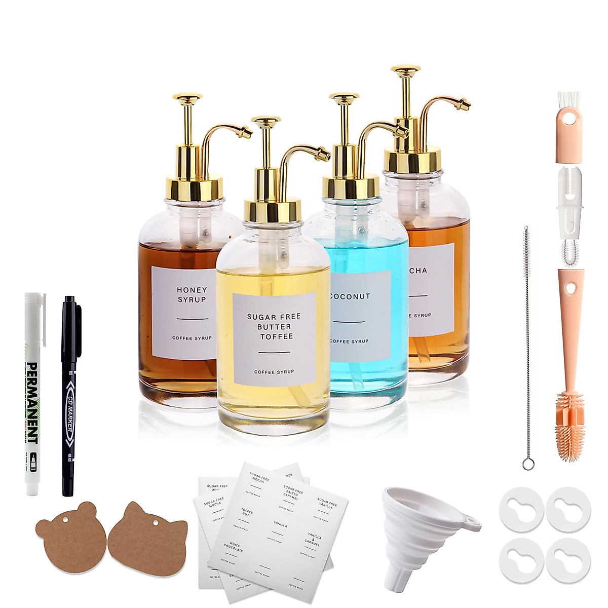 CNWSGEM Coffee Syrup Dispenser,Coffee Bar Accessories,4-Pack,16.9 Ounce,Syrup Dispenser for Coffee Bar,Syrup Dispenser with Pump,Contains Multi-style Labels, Cleaning Tools, Funnel,Pen