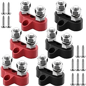 Tallew 6 Pack Bus Bar Terminal Block, 12V-48V DC, 150 Amps, 2 Pole, Screw Connector, Plastic, Panel Mount, 12 Contacts, 1.77" x 1.26" inches, AWG 8 Gauge, for Truck, RV, Boat