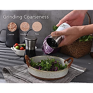 Wartter Stainless Steel Salt & Pepper Grinders Refillable Set - Two Salt/Pepper Shakers with Adjustable Coarse Mills - Easy Clean Glass Grinders