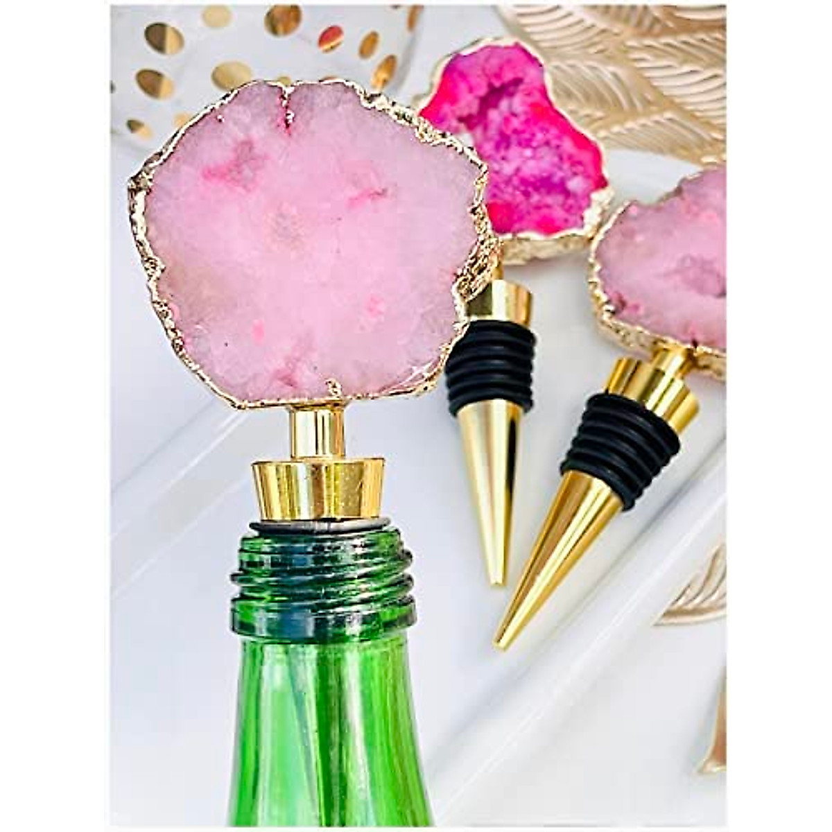 LUXE CRYSTAL CO. Handcrafted Purple Magenta Pink Agate Druzy Gold Natural Crystal Wine Champagne Stopper Handmade Bottle Barware Housewarming Bridal Shower (Pink)