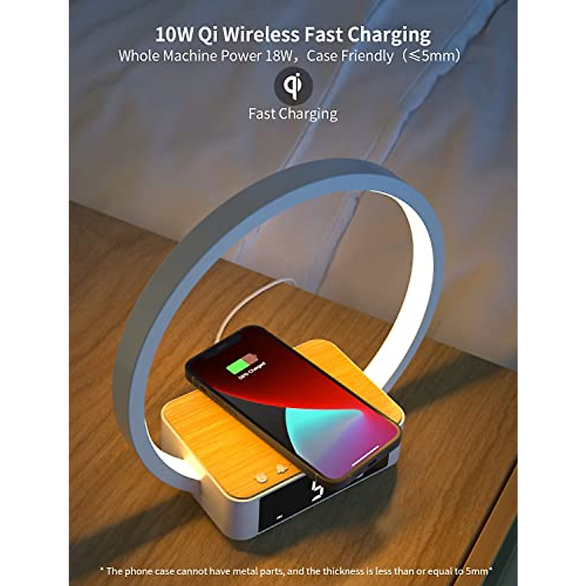 Amouhom Table Lamp, 18W Touch Lamp Alarm Clock with Wireless Charging Wake-Up Light, Digital Sonic 10W Max Qi Charger Nightstand Reading Lamps for Bedside, Reading, Home, Office