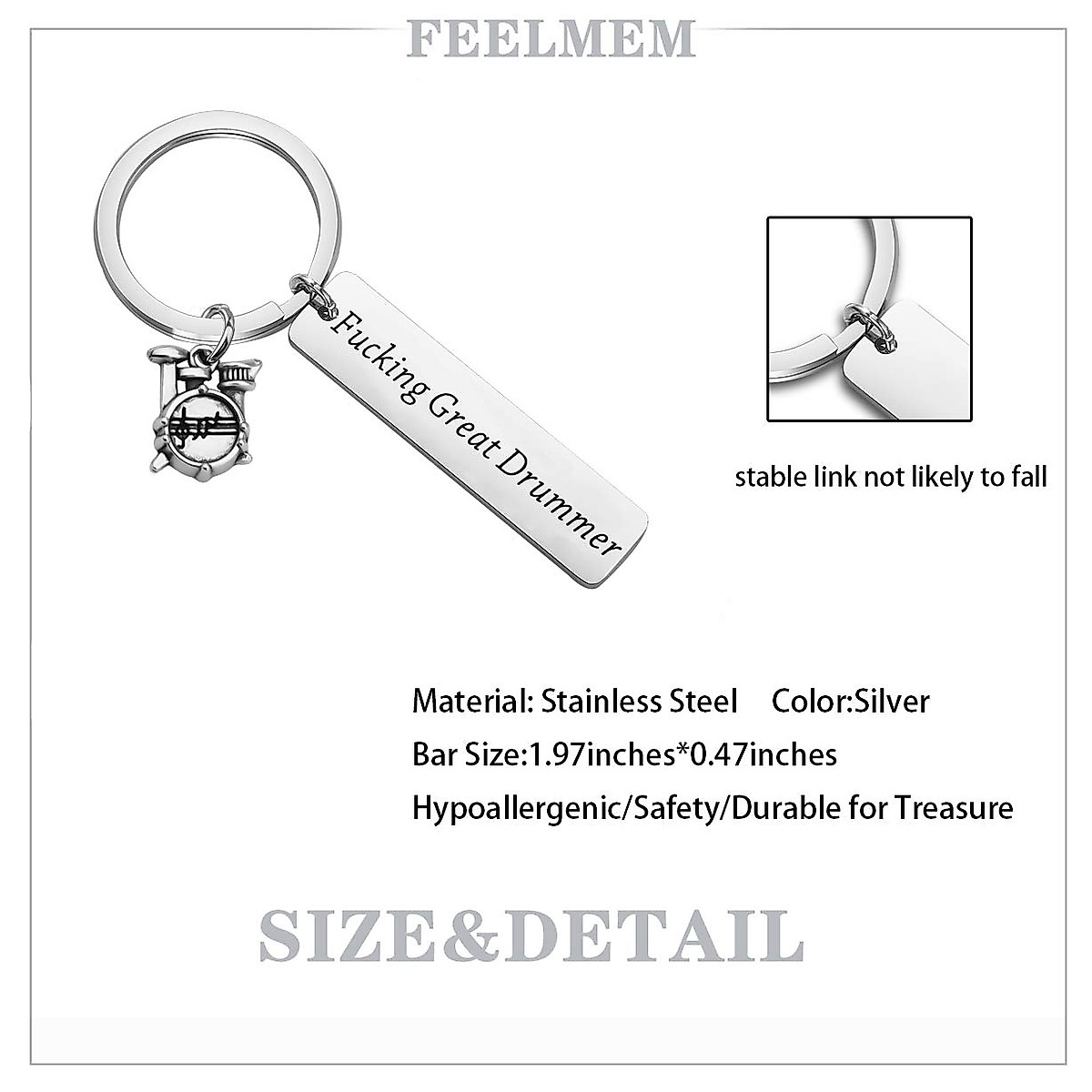 FEELMEM Drummer Gift Jewelry Fucking Great Drummer Keychain Percussion Jewelry Drum Player Band Gifts Drum Kit Gifts Musician Gift (Silver)