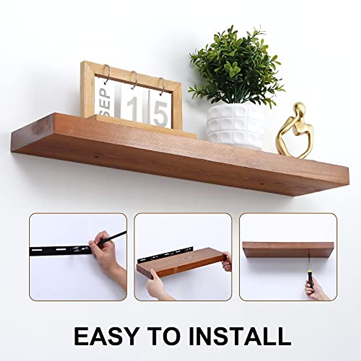 Marsmiles Floating Shelves Solid Wood Set of 2, Rustic Wood Wall Shelves, Wooden Wall Mounted Farmhouse Shelves for Bathroom Kitchen Living Room Bedroom - Light Walnut