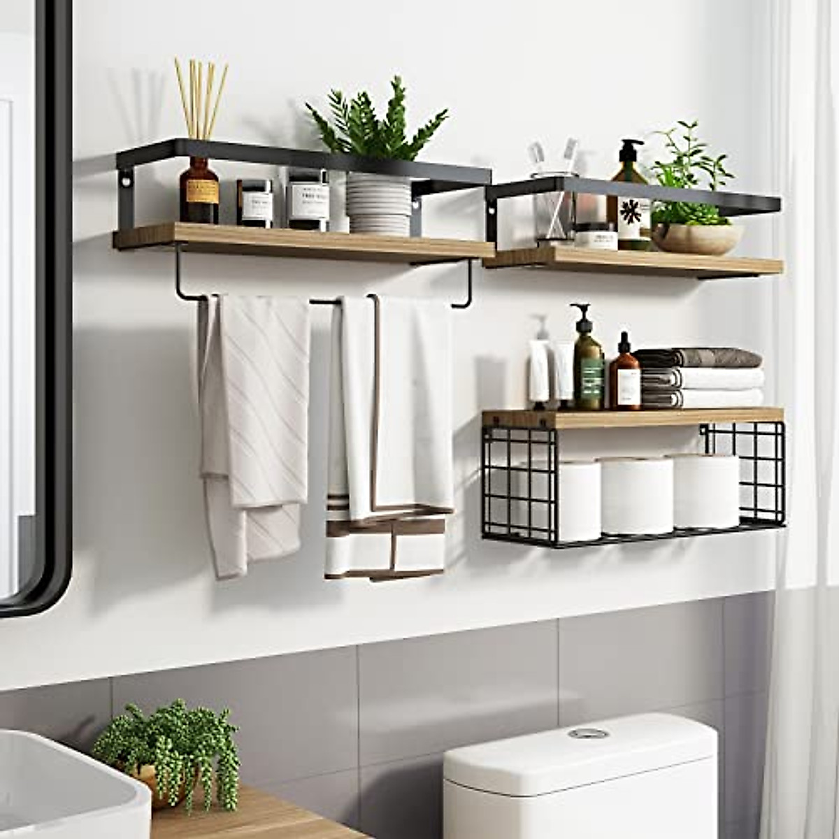 Fixwal 3+1 Tier Wall Mounted Floating Shelves with Metal Frame, Rustic Wood Bathroom Shelves Over Toilet with Wire Storage Basket and Towel Bar for Bathroom, Kitchen, Bedroom (Rustic Brown)