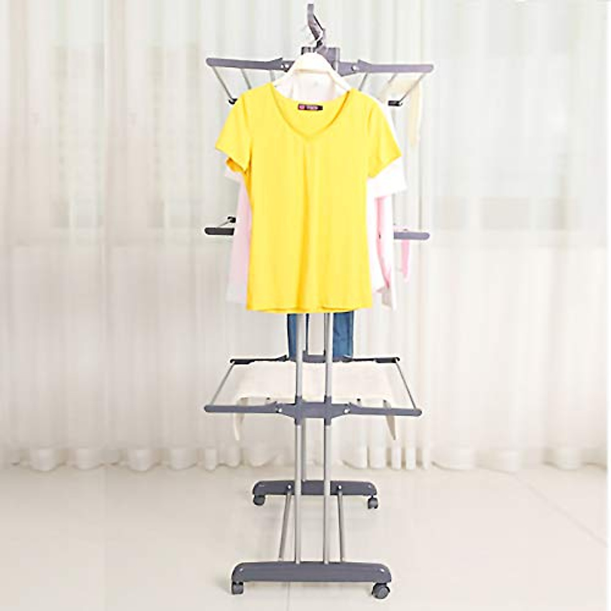 Kentaly Clothes Drying Rack, Large 3-Tier Rolling Folding Dryer Hanger Storage Collapsible Garment Rack Standing Rack with Foldable Wings and Casters for Indoor Outdoor