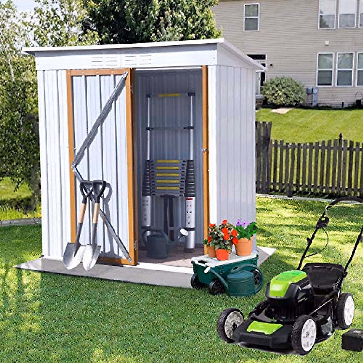 MOEO 5' x 3' Outdoor Metal Storage Shed, Galvanized Metal Shed with Lockable Doors, Tool Storage Shed for Backyard, Patio, Lawn, Garden, Trash Cans, White