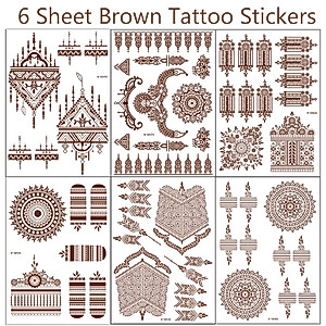 6 Sheets Henna Tattoos Brown Henna Temporary Tattoo Stickers Sexy Lace Waterproof Removable Fake Tattoos Luxury Mandala Flower Design Body Decals for Women Birthday DIY Body Face Party Supplies Favors