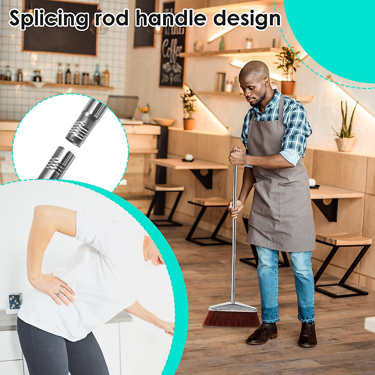 Broom and Dustpan Set Stainless Steel with Long Handle,Heavy Duty Dustpan Broom Set Upright Standing Dust Pan Kitchen Brooms, for Sweeping Kitchen Room Office Lobby Floor