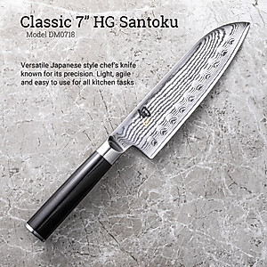 Shun Classic 7” Hollow-Ground Santoku All-Purpose Kitchen Knife; VG-MAX Blade Steel and Ebony PakkaWood Handle; Hollow-Ground Indentations for Reduced Friction and Smoother Cuts; Handcrafted in Japan
