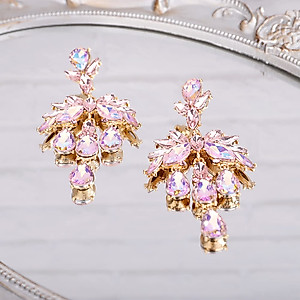 Denifery Wedding Teardrop Dangle Earrings Crystal Rhinestone Earrings Chandelier Earrings Rhinestone Dangle Drop Earrings for Women and Girls (Pink)