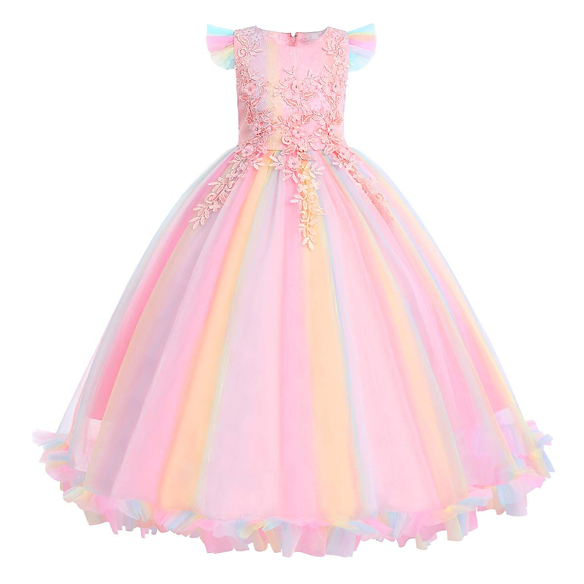 Little Big Girls Rainbow Costume Pageant Princess Party Tulle Dress Kids Floral First Communion Wedding Birthday Halloween Christmas Carnival Long Maxi Ball Gown Rainbow 7-8 Years