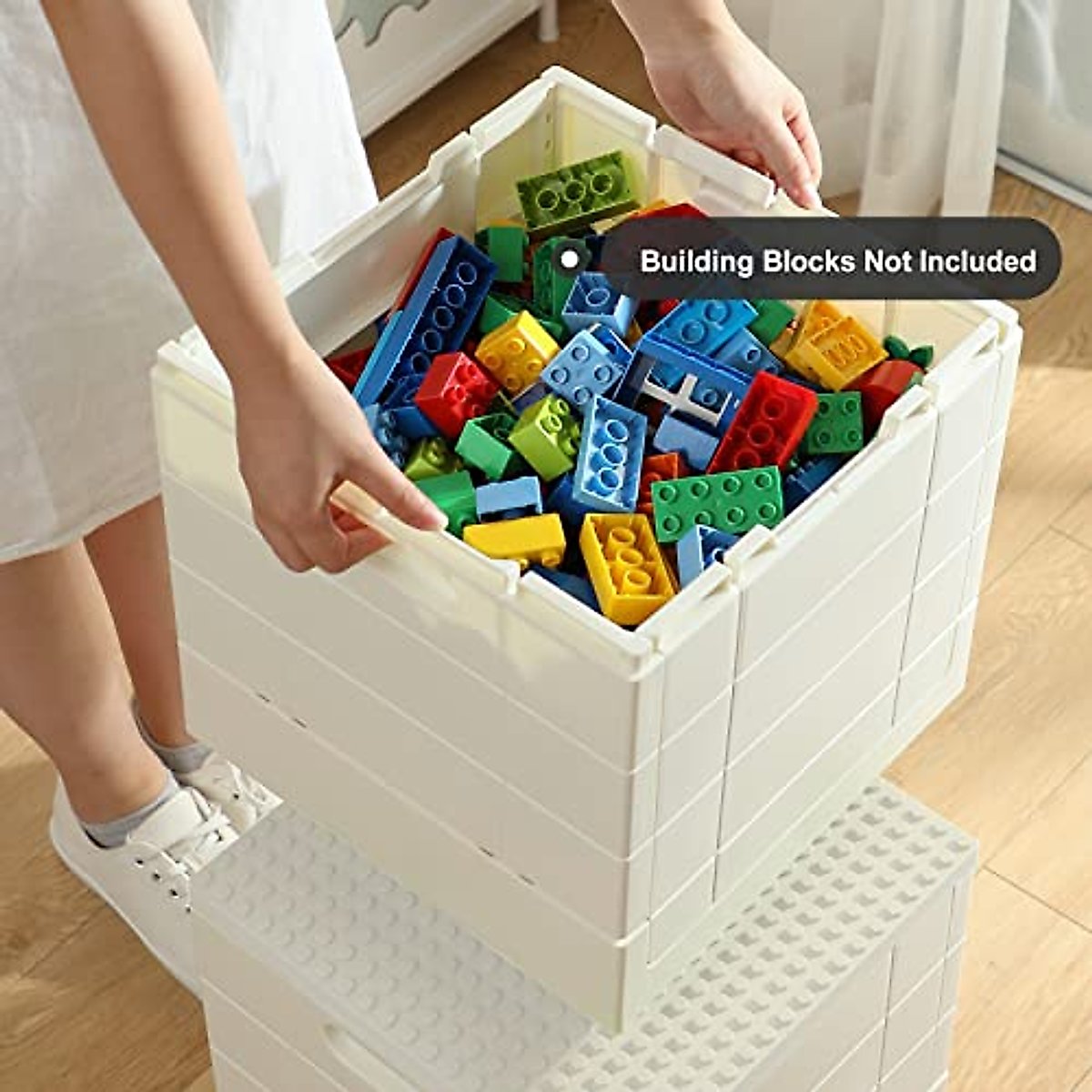 SHIMOYAMA Foldable Duplo Storage Boxes, 2 Pack, 25L Storage Bin with Building Base, 26 Qt. Collapsible Container for Duplo Blocks, White and Yellow