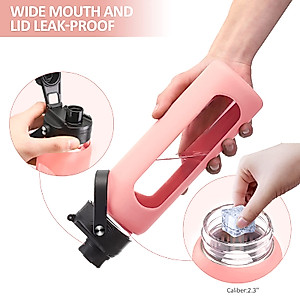 Kodrine Glass Water Bottles with Straw, 32 oz Water Bottle with 2 Lids - Handle Spout Lid & Bamboo Straw Lid, Silicone Sleeve, Wide Mouth, Leakproof, BPA Free(Amber)