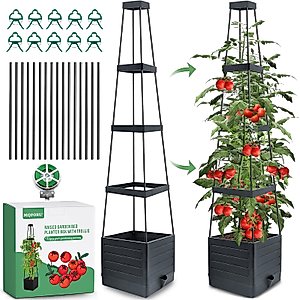 MQFORU Tomato Planter with Trellis, 57" Raised Garden Bed Planters Box for Climbing Vegetables Plant, Self Watering Tomato Support Cages for Garden Pots, Use for Patios Greenhouse Indoor Outdoor（1Pc）