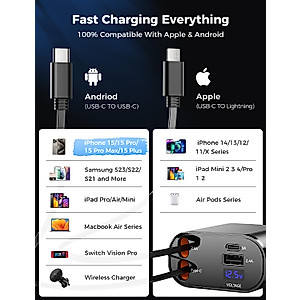 【Upgraded】 SUPERONE Retractable Car Charger 4 in 1, Fast Car Phone Charger with Cord 2.6ft, USB C and Lightning Car Charger Adapter, Compatible with iPhone 15/15 Pro Max/14/13/12/11, Galaxy, Pixel