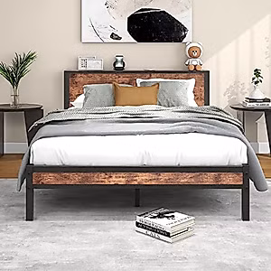 Diolong Queen Bed Frame with Wood Headboard and Footboard, Platform Bed Frame with Storage Shelf, Heavy Duty/Reinforced Support Leg/Mattress Foundation/No Box Spring Needed/Vintage Brown