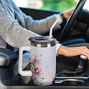 40 Oz Vacuum Tumbler with White Handle Leakproof Insulated Tumbler Paris Eiffel Tower with Flowers Stainless Steel Travel Mug with Lid And Straw Coffee Cup Cute Water Bottles Cup Holder Friendly