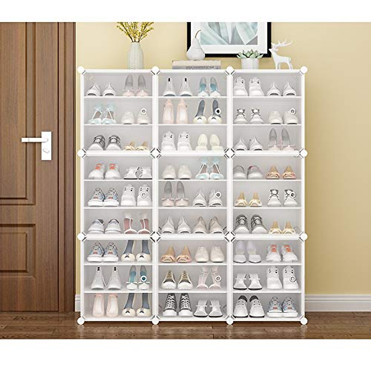 12Pcs 3-Layer Shoe Storage Box, Foldable Shoe Organizer Boxes Capable of holding 72 Pairs, White Plastic Closet Shoe Organizer with Transparent Cover, Free Standing Shoe Rack Easy Assembly Expandable for High Heels, Boots