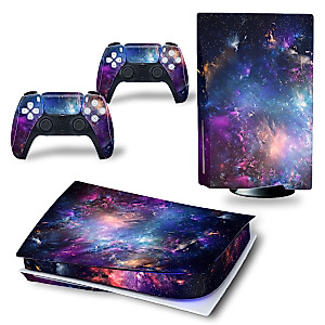 Full Body Vinyl Skin Stickers Cover for PS5 Disc Edition Console and Controllers (Disk Edition, Purple Galaxy)