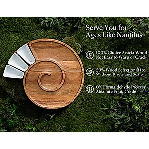 Dofira Nautilus Cheese Board and 4 Knife Set, Acacia Wood Large Round Charcuterie Board Kit with Slate Platter & Ceramic Bowls, Kitchen Gift Set for Housewarming, Bridal Shower, Wedding, Anniversary