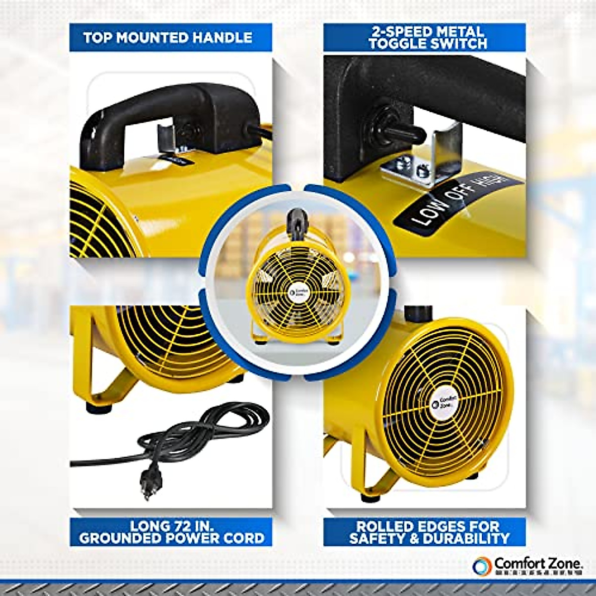 Comfort Zone CZBU80 8” Industrial Utility Blower Fan, All-Metal Construction, Auto-Reset Thermal Protection, Durable Carry Handle, Rubber Feet, Helps Exhaust Fumes/Odors, Dry Wet Areas, Yellow