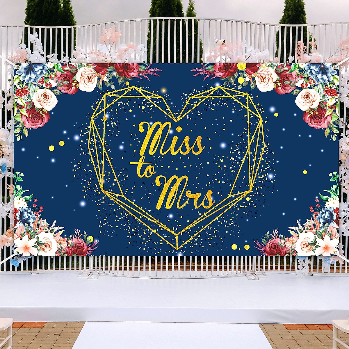 Miss to Mrs Banner Backdrop Navy Blue Flower Glitter Wedding Bridal Shower Background Bride to Be Party Banner Engagement Bachelorette Backdrops Photography Decorations Photo Booth Props 71 x 44 Inch