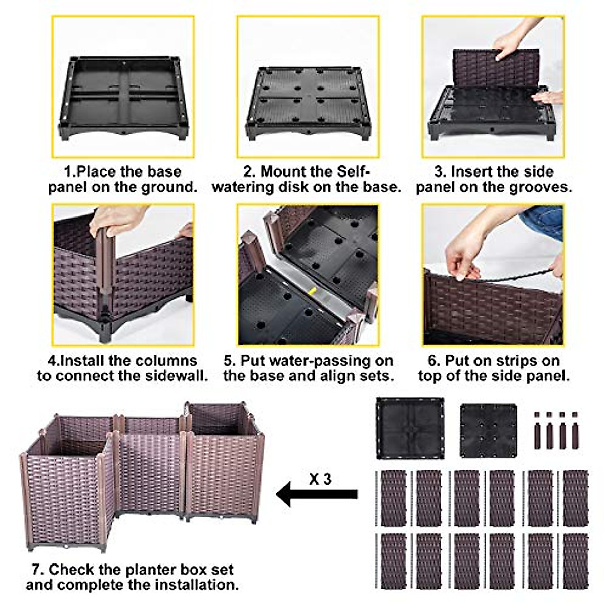 VEVOR Plastic Raised Garden Bed, 20.5" High Set of 5, Rattan Style Grow Planter Care Box Kit, Self-Watering Elevated for Herbs, Flowers, and Other Plants Indoor ot Outdoor, Brown