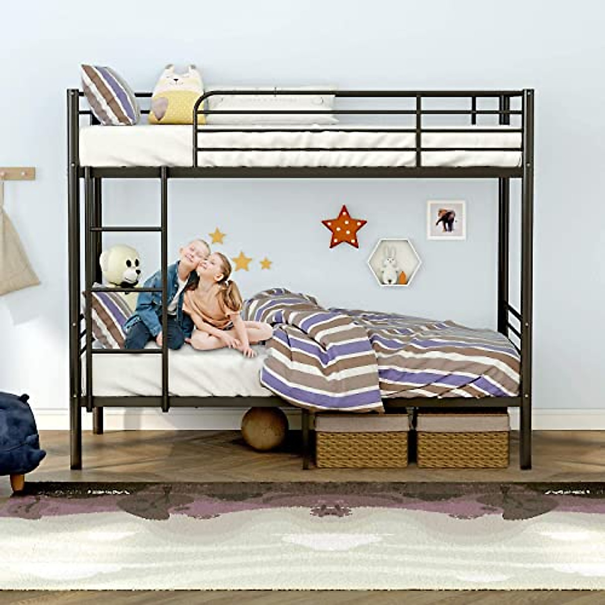 Alohappy Metal Bunk Bed Twin Over Twin, Twin Bunk Beds with Removable Ladder and Safety Guard Rail, 13.8” Under Bed Storage Space, No Box Spring Needed, Easy to Climb, Industrial Style(Black)