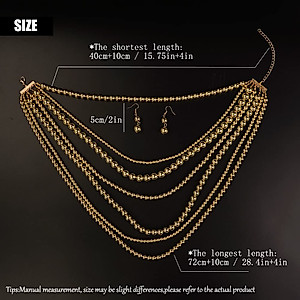 Chmier Multi-Layered Simulated Faux Pearl Strand Necklace and Earrings Set Gold Long Chunky Stacked Choker for Women