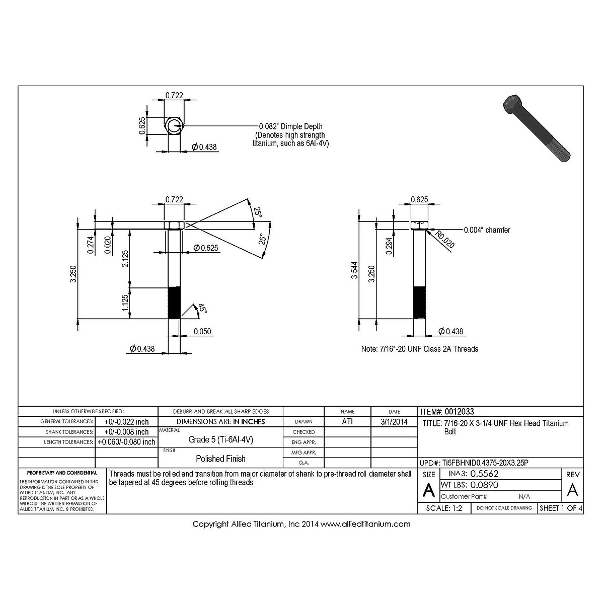 Allied Titanium 0012033, (Pack of 2) 7/16-20 X 3-1/4 UNF Titanium Hex Head Bolt, Grade 5 (Ti-6Al-4V)