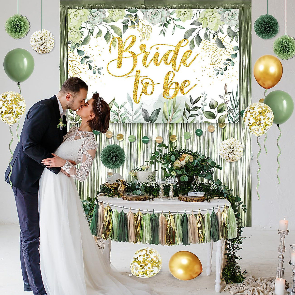 Generic Bridal Shower Decorations Sage Green Bride to Be Banner Bridal Shower Balloons Tissue Paper Pom Poms Fringe Curtain Bride to Be Party Supplies for Wedding Bachelorette Party Decorations