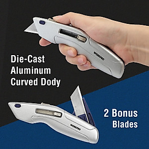 WORKPRO Utility Knife Blades, SK5 Steel, 100-pack with Dispenser and Retractable Utility Knife and Self-retracting Safety Box Cutter 2-in-1 with 2 Extra Blades Included