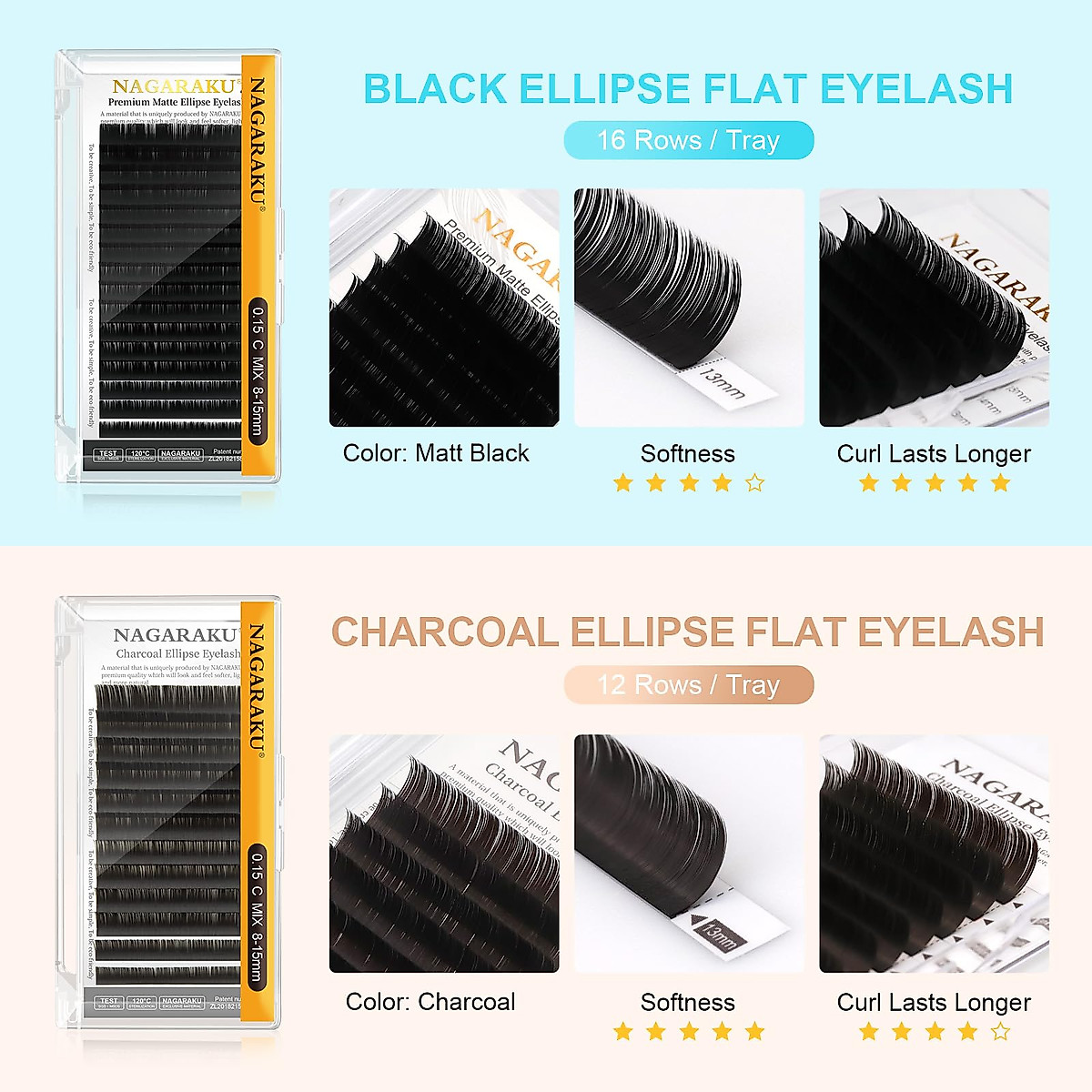 NAGARAKU Double Tips Flat Ellipse Eyelash Extensions Supplies 0.15 D curl 8-15mm Mix Natural Charcoal Color Faux Mink Super Soft Split Tips Individual Lashes