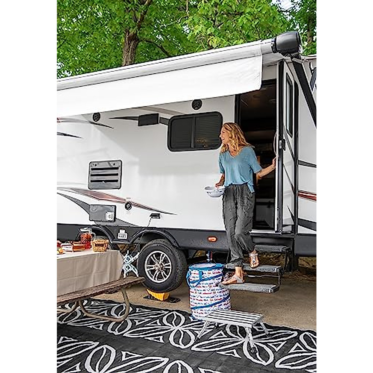 Camco Life Is Better at the Campsite Camper/RV Pop-Up Utility Container | Features Multi-Color Camping Themed Design & Holds 30-Gal. Kitchen-Size Trash Bags | Includes Heavy-Duty Stake (42986)