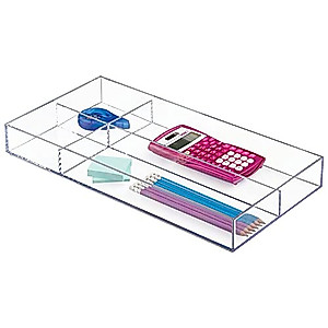 mDesign Plastic Stackable Office Divided Storage Drawer Organizer Tray for Cabinet, Desk, Shelf, or Closet Organization - Holds Note Pads, Pens, Tape, Staples, Scissors, Lumiere Collection - Clear