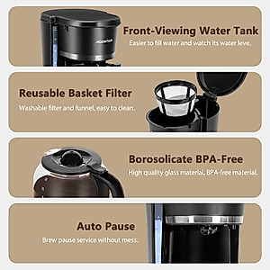 Aigostar Programmable Coffee Maker, 12 Cup Coffee Maker with Glass Carafe, Auto Pause Drip Coffee Maker, 24H Timer and Auto Keep Warm Small Coffee Maker with Permanent Filter, Black