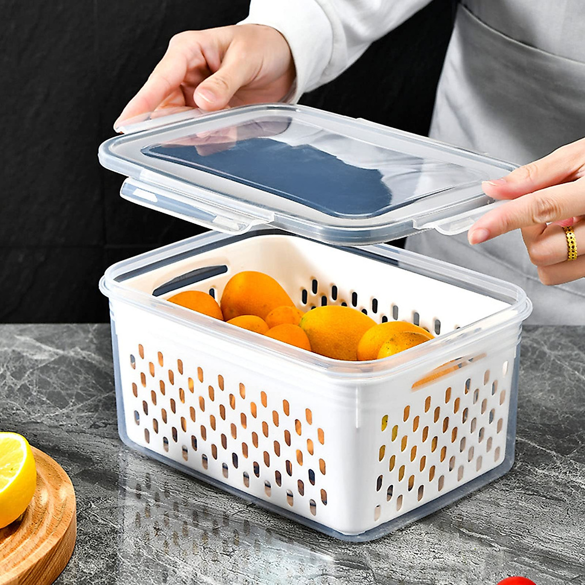 Fruit Storage Container for Fridge, Vegetable Produce Storage Saver Containers with Lid for Refigerator, Food Storage Containers with Colander, Plastic Fresh Keeper for Fruit Vegetable(3300ML)