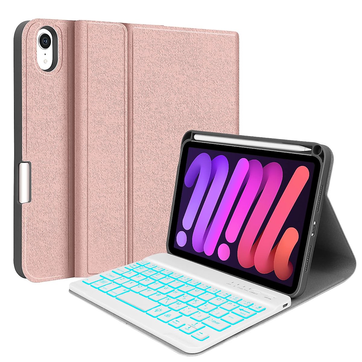 PIMOFEE iPad mini 6 case with keyboard 2021 8.3"- Backlit Keyboard Case Thin Slim Smart with Detachable Wireless Backlit Keyboard with Pencil Holder for iPad Mini 6th Generation 8.3" 2021,Rose Gold