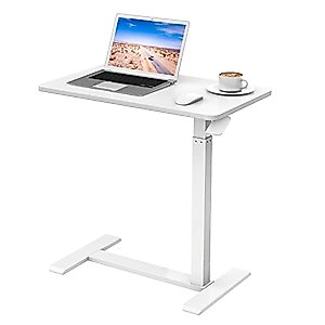 FLEXISPOT Medical Adjustable Overbed Bedside Table with Wheels Pneumatic Mobile Standing Desk Laptop Desk Rolling Computer Cart Movable Overbed Table Hospital Home Use(27.6" W x 15.7" D, White Table)